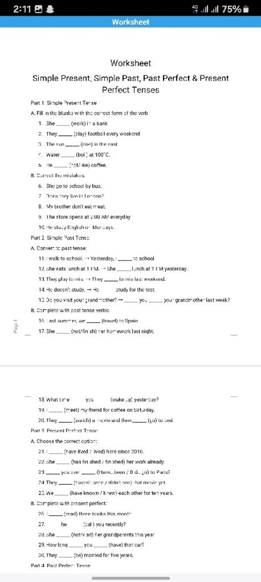 Worksheet Simple Present, Simple Past, Past Perfect & Present Perfect Ten..