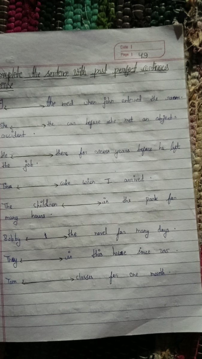 Complete the sentences with past perfect continuous tense: __ the meal w..