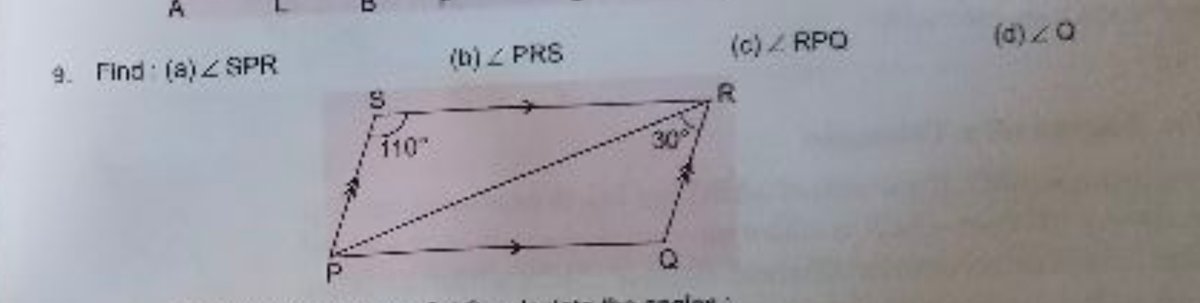 Find: (a) ∠SPR (b) ∠PRS (c) ∠RPQ (d) ∠Q [Diagram shows a quadrilateral P..