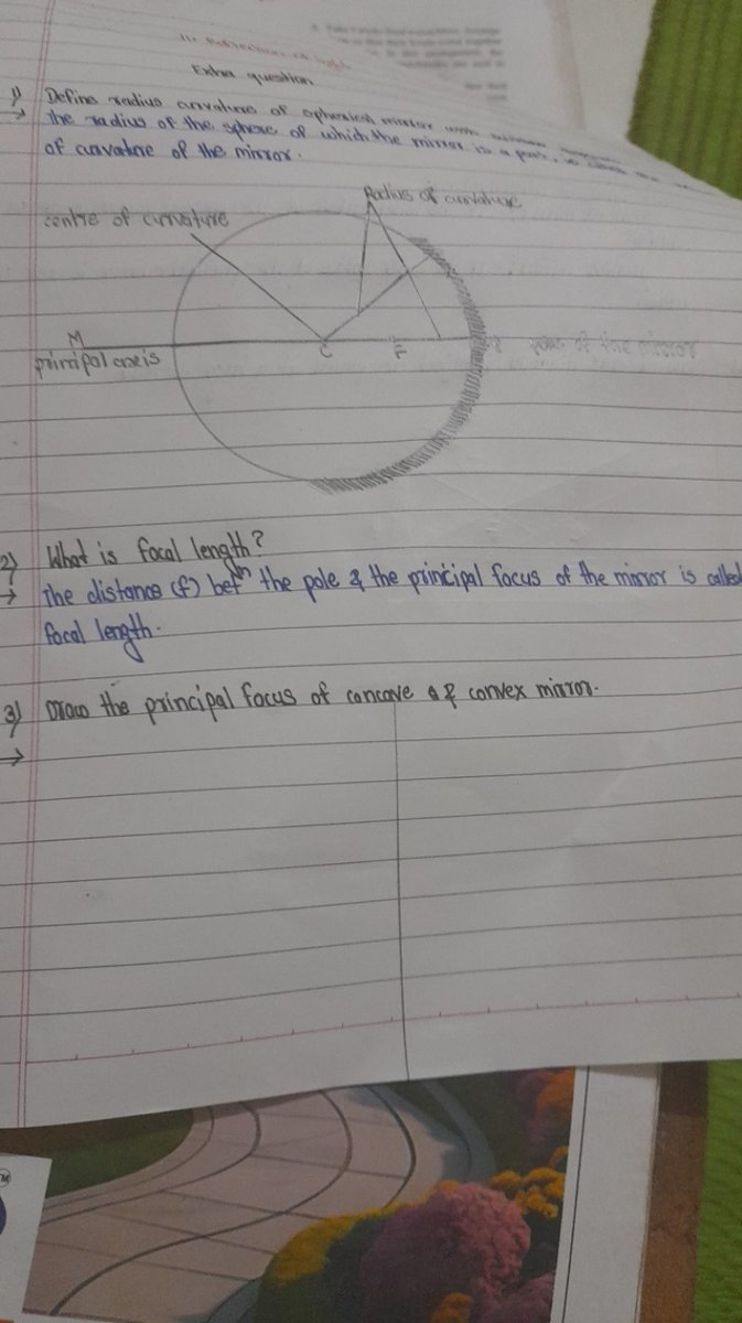 1) Define radius of curvature of a spherical mirror. 2) What is focal len..