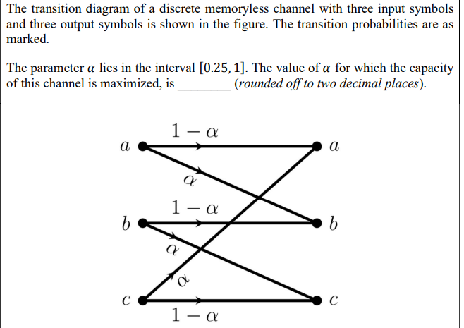The transition diagram of a discrete memoryless channel with three input