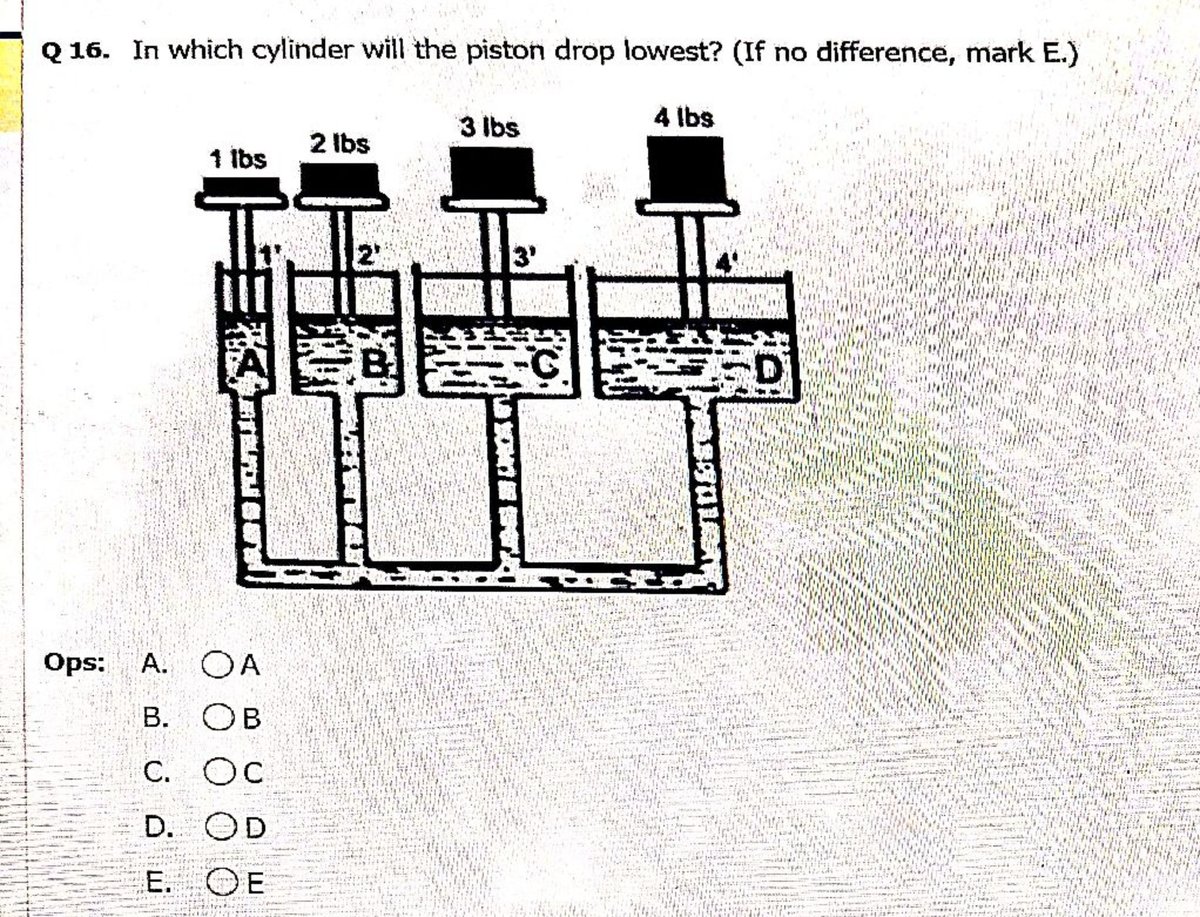Q 16. In which cylinder will the piston drop lowest? (If no difference, m..