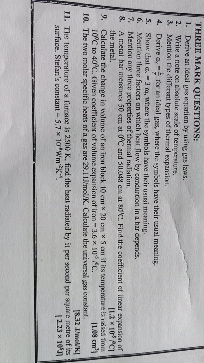 THREE MARK QUESTIONS: Derive an ideal gas equation by using gas laws. Wr..