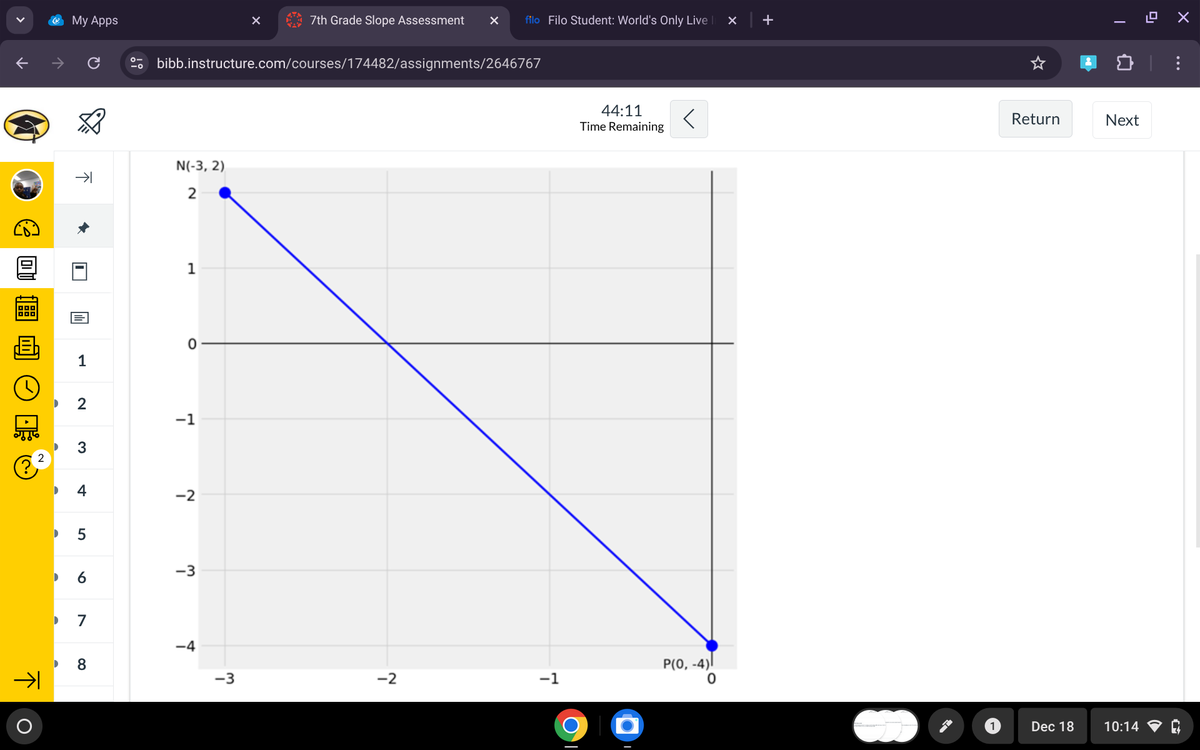 The image shows a graph with a line segment connecting two points N(-3, 2..