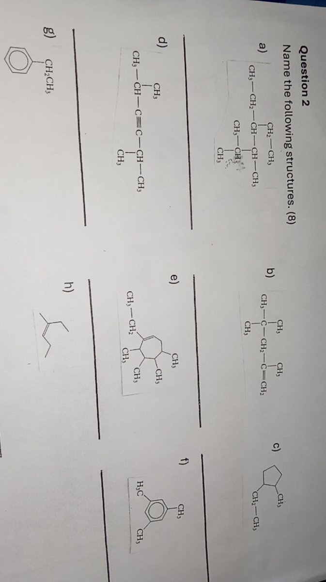 Question 2 Name the following structures. (8) a) CH3-CH2-CH(CH2-CH3)-CH(C..