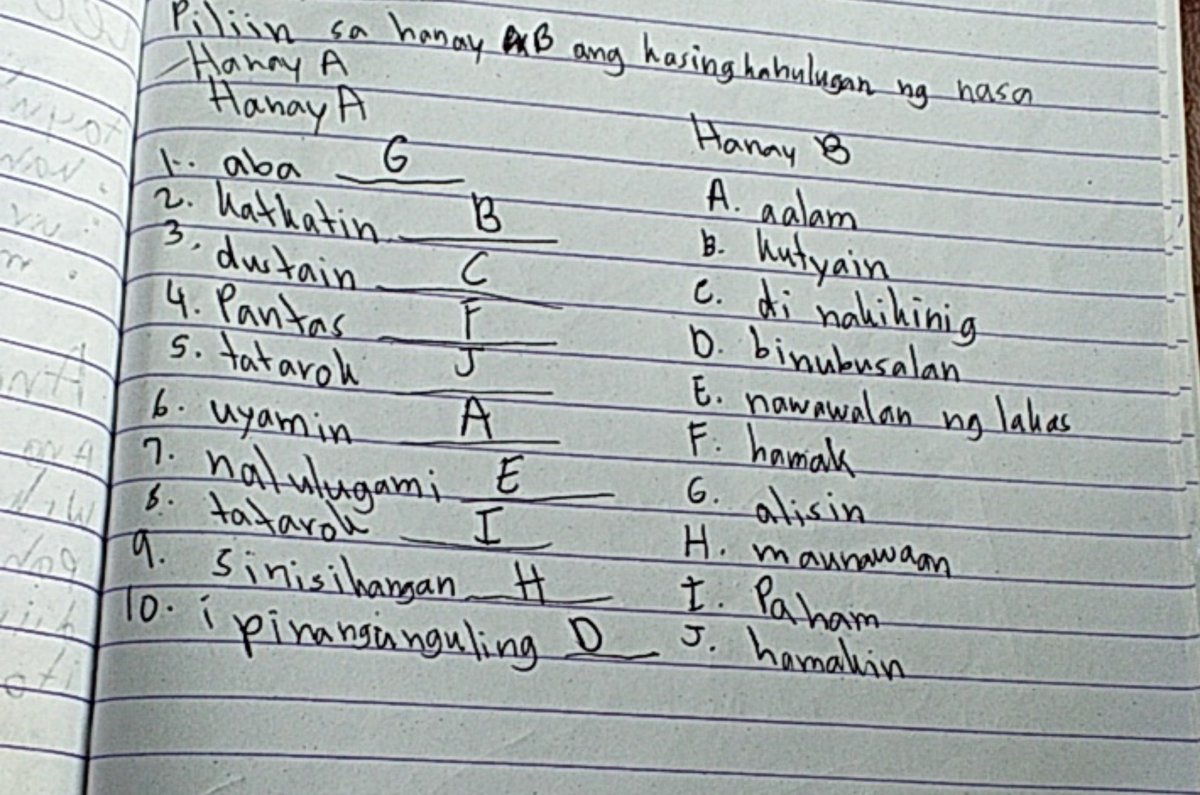 Piliin sa hanay A at B ang kasingkahulugan ng mga salita. Hanay A aba ha..