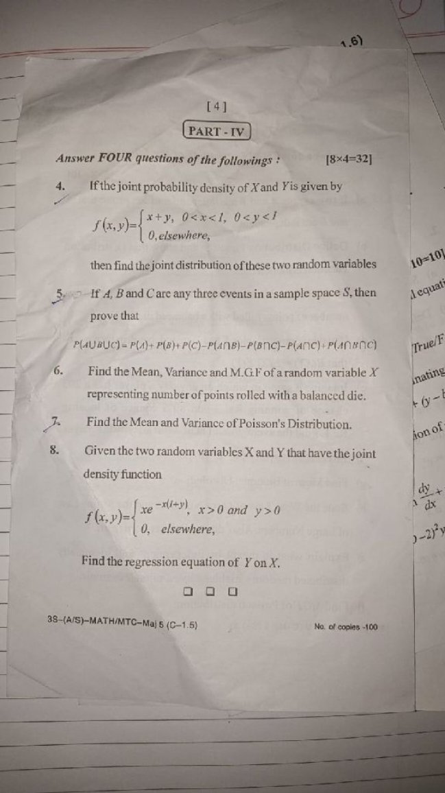 Answer FOUR questions of the followings: If the joint probability densit..