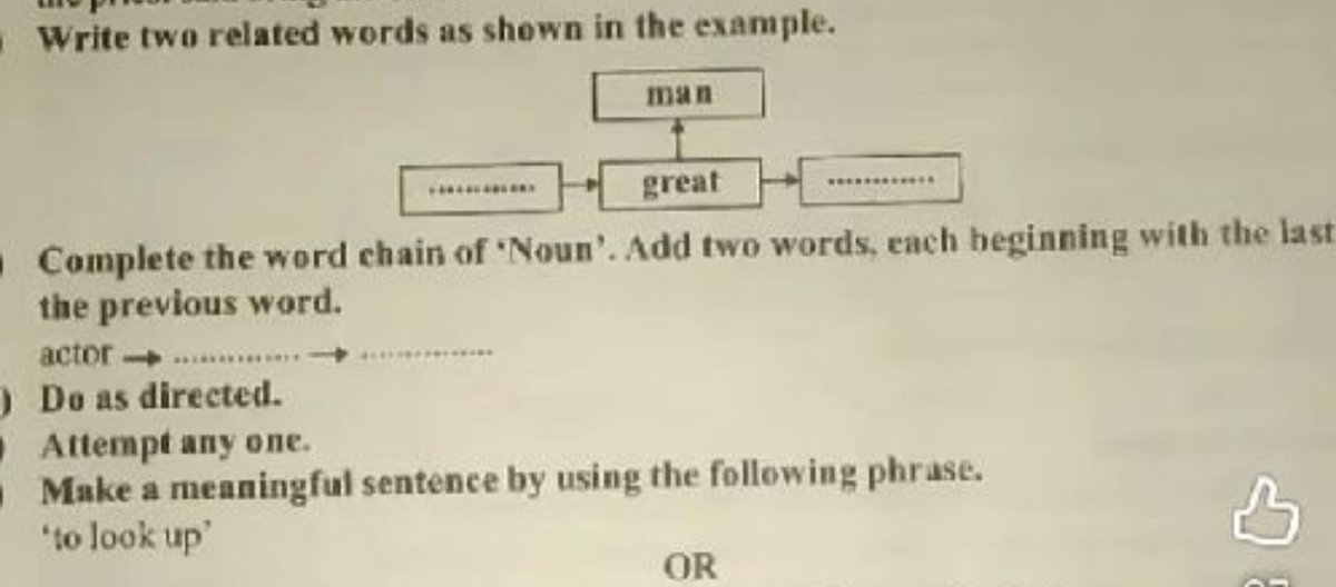 Write two related words as shown in the example. (Diagram shows 'man'