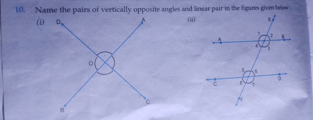 Name the pairs of vertically opposite angles and linear pair in the figur..