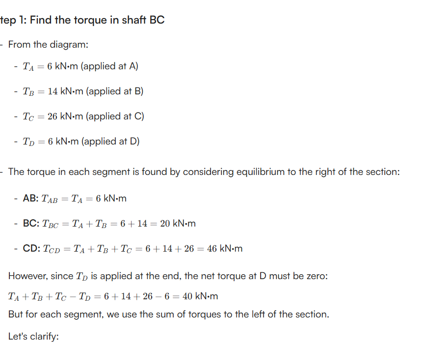Step 1: Find the torque in shaft BC From the diagram: T_A = 6 \text{ kN}..