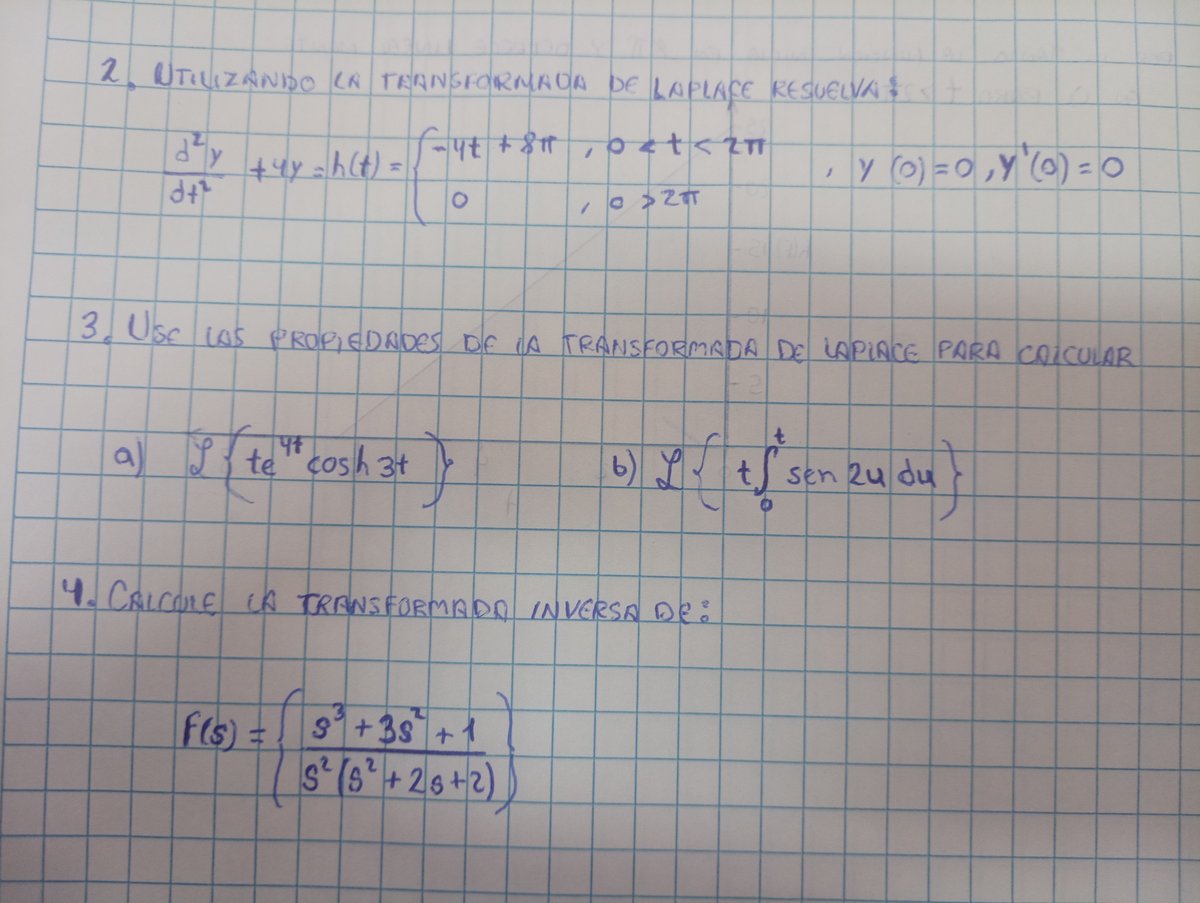 UTILIZANDO LA TRANSFORMADA DE LAPLACE RESUELVA: \frac{d^2y}{dt^2} + 4y