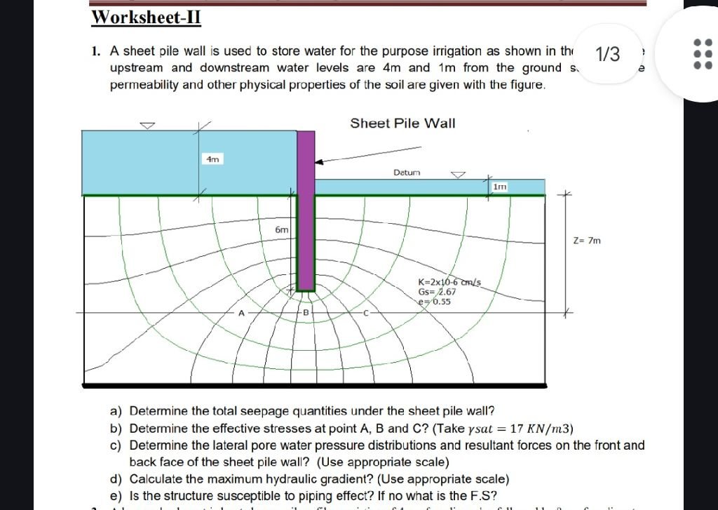 Worksheet-II A sheet pile wall is used to store water for the purpose ir..