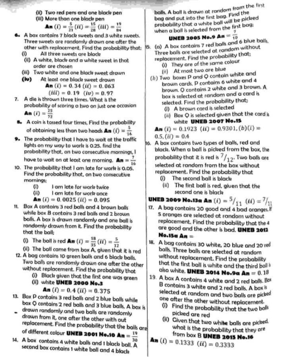 Here are some probability questions: A box contains 7 black sweets and 3..