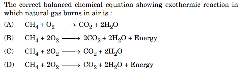 The correct balanced chemical equation showing exothermic reaction in whi..