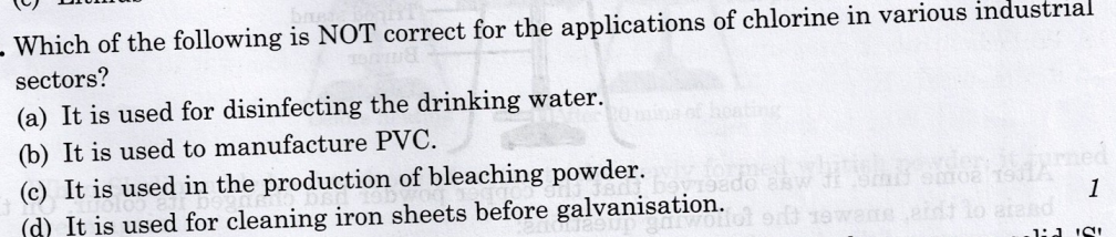 Which of the following is NOT correct for the applications of chlorine in..