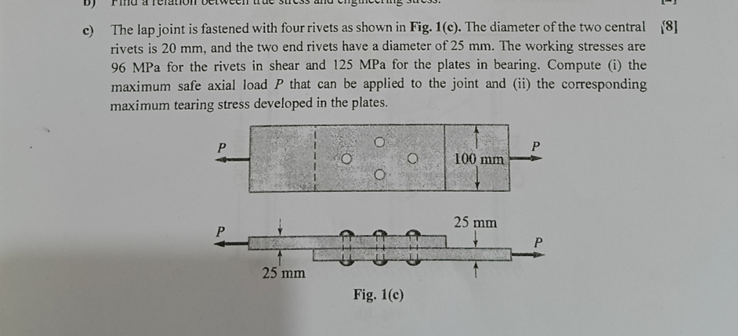 The lap joint is fastened with four rivets as shown in Fig. 1(c). The dia..