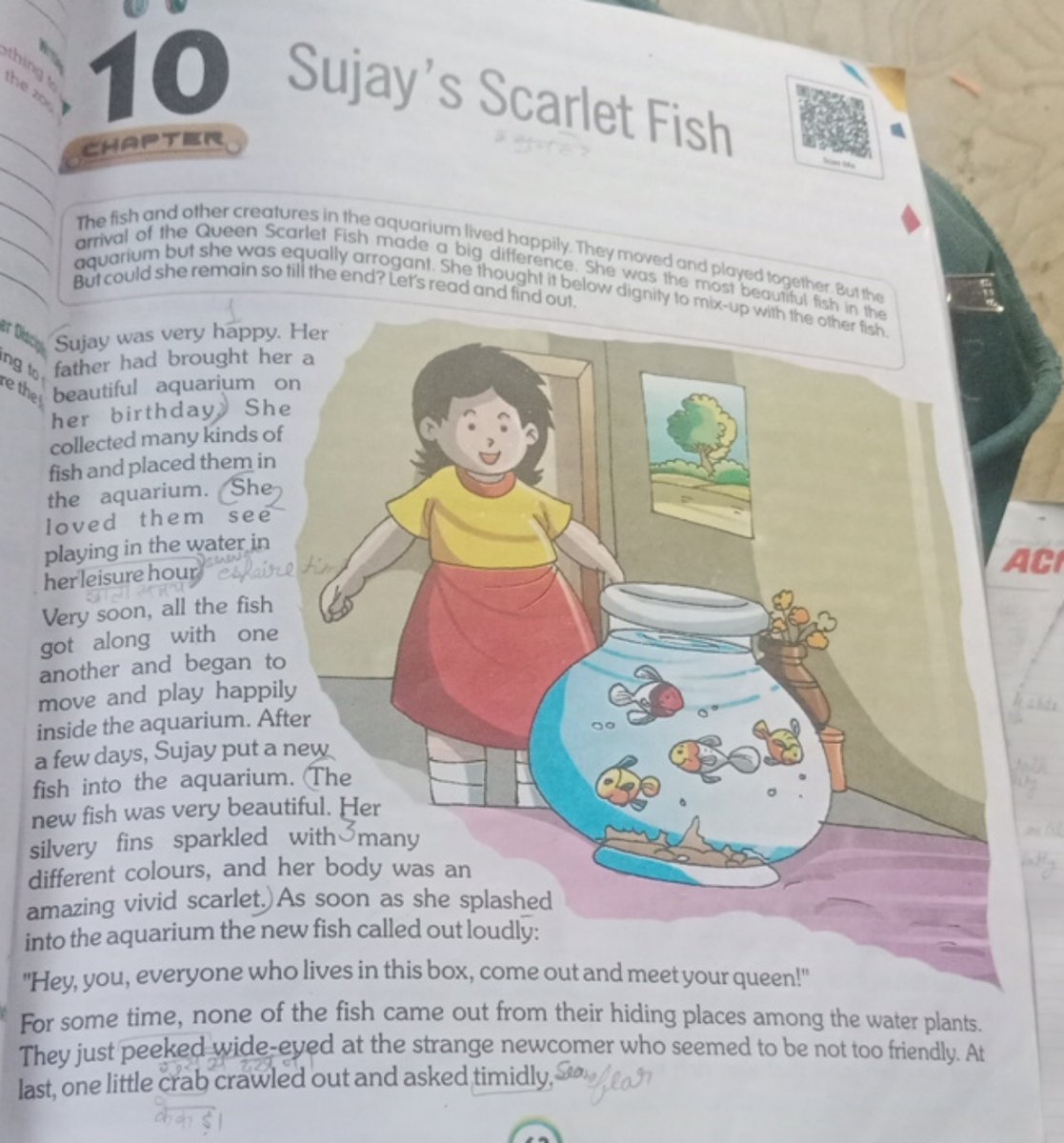 The provided image is a page from a book titled "Sujay's Scarlet Fish," w..