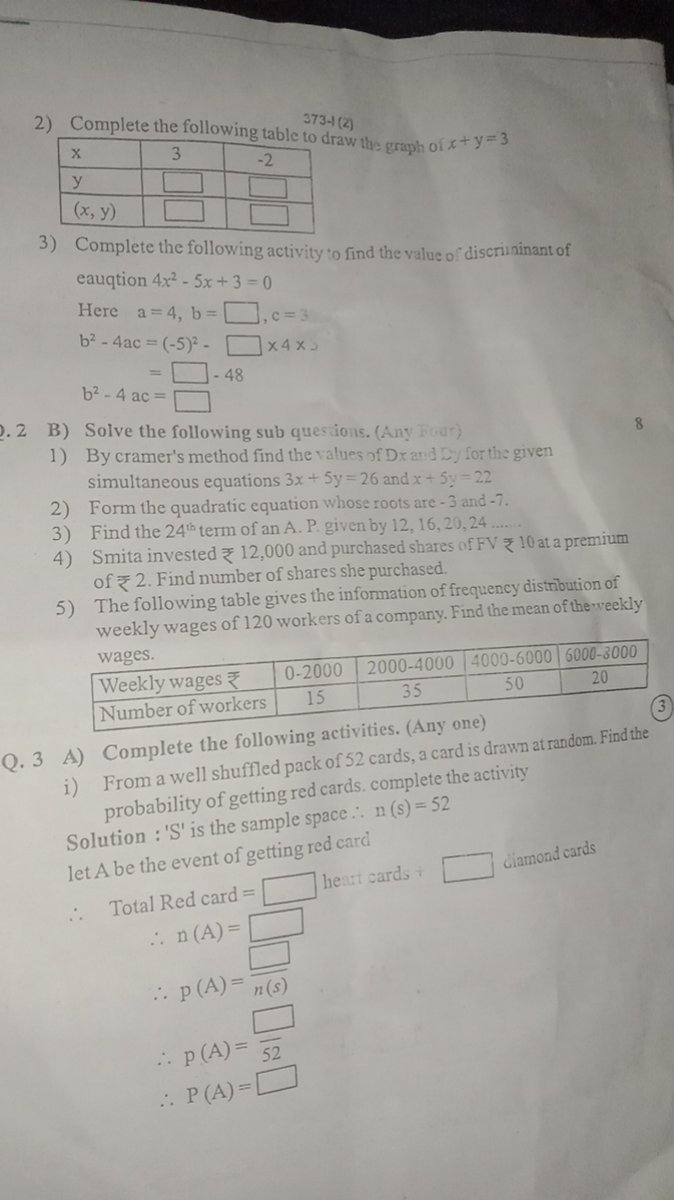 2) Complete the following table to draw the graph of x + y = 3 | x