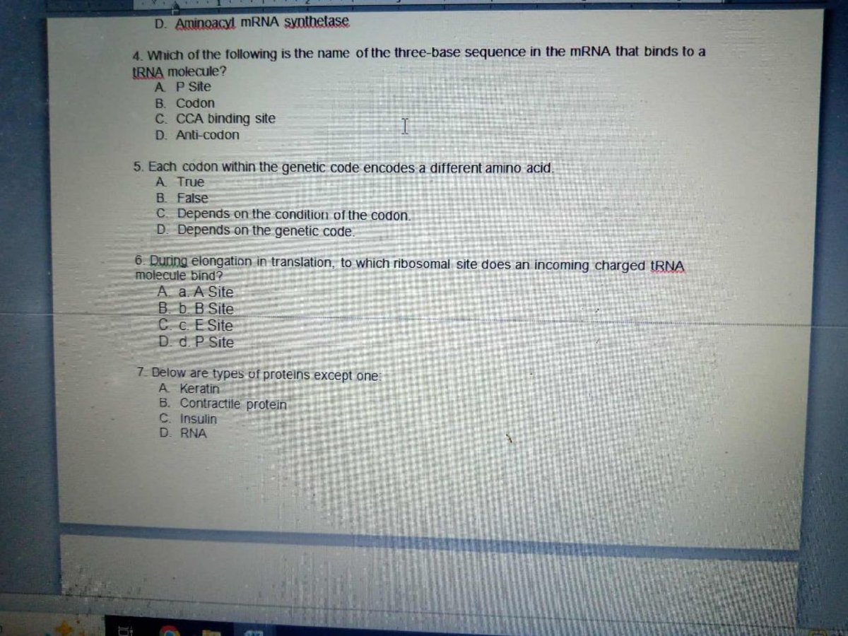 D. Aminoacyl mRNA synthetase Which of the following is the name of the t..