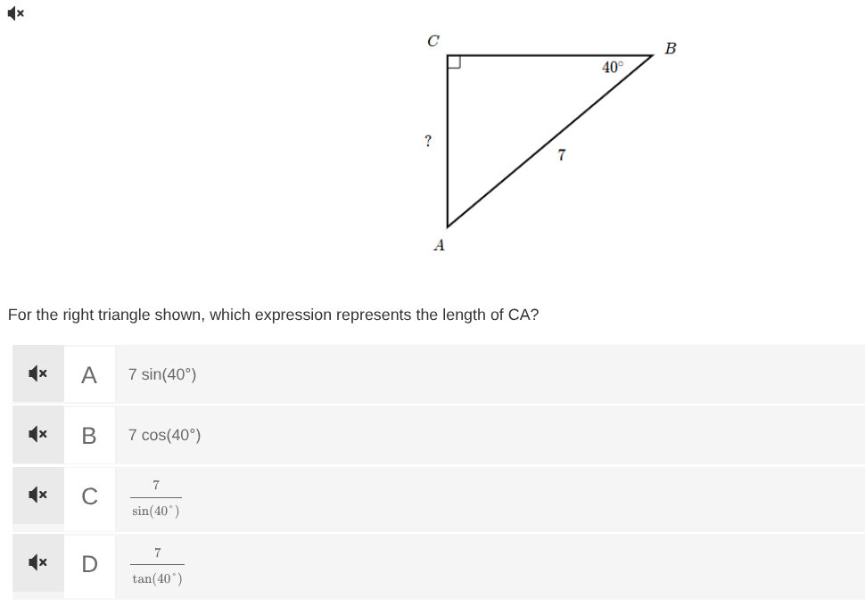 For the right triangle shown, which expression represents the length of C..