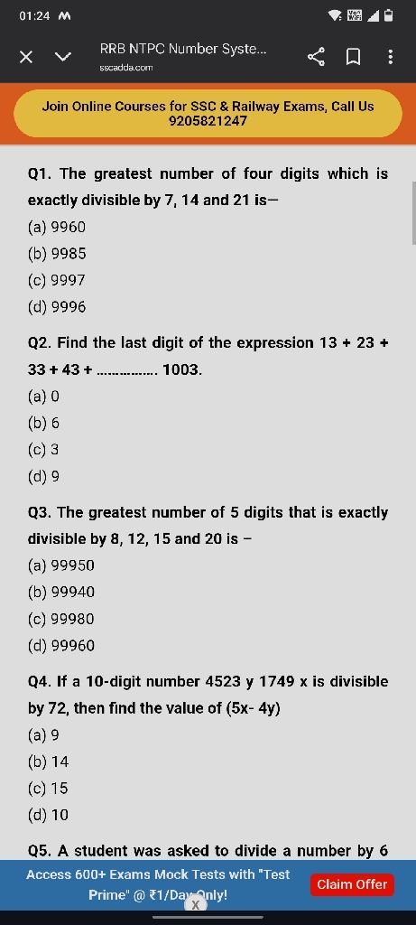 Q1. The greatest number of four digits which is exactly divisible by 7, 1..