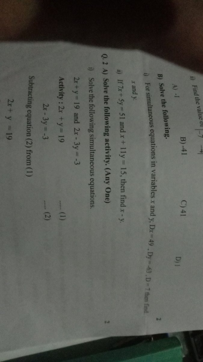 B) Solve the following. i) For simultaneous equations in variables x and..