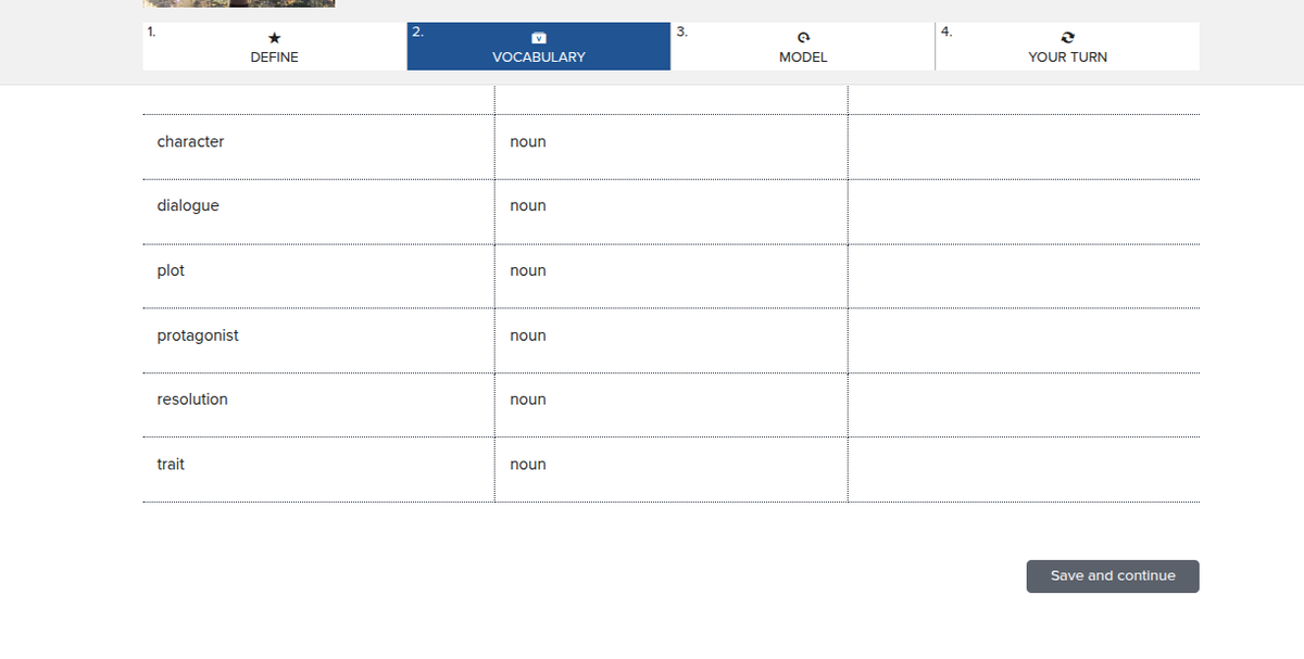 The image shows a table with three columns: "DEFINE", "VOCABULARY", and