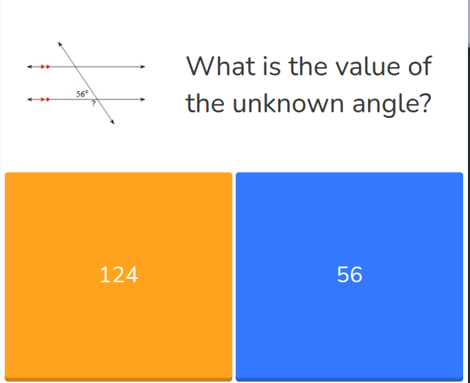 What is the value of the unknown angle? (The image shows two parallel li..