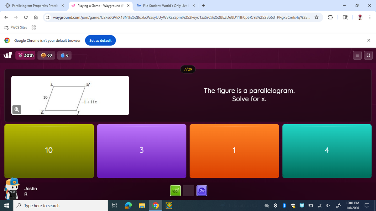 The figure is a parallelogram. Solve for x. (Diagram shows a parallelogr..