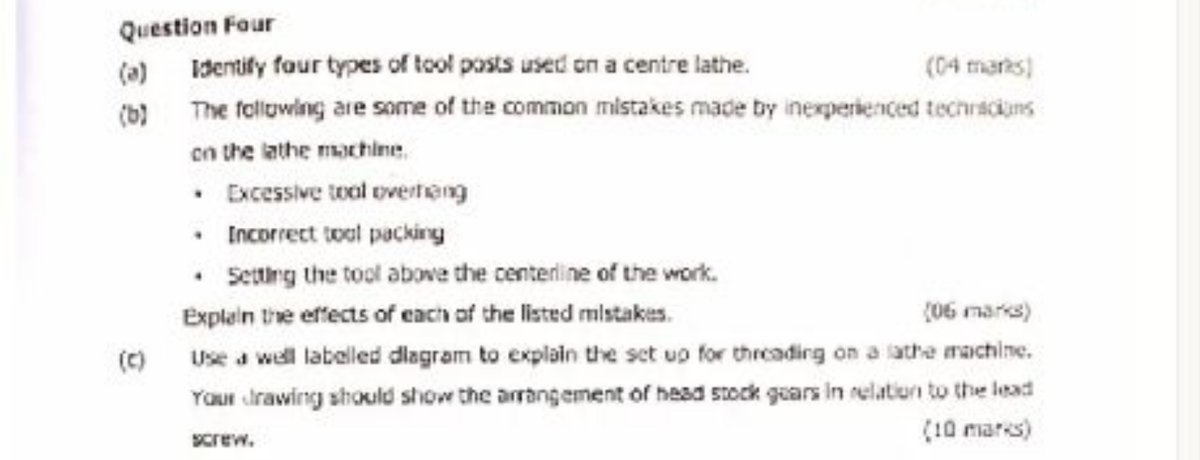 Question Four (a) Identify four types of tool posts used on a centre lat..