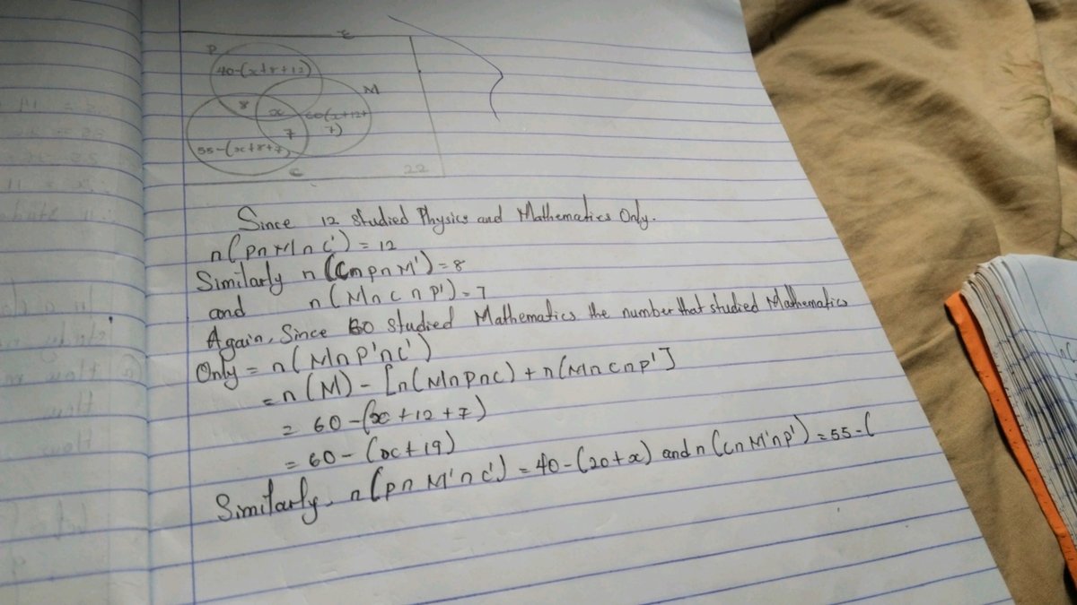 The image shows a Venn diagram with three sets P, M, and C, and some calc..