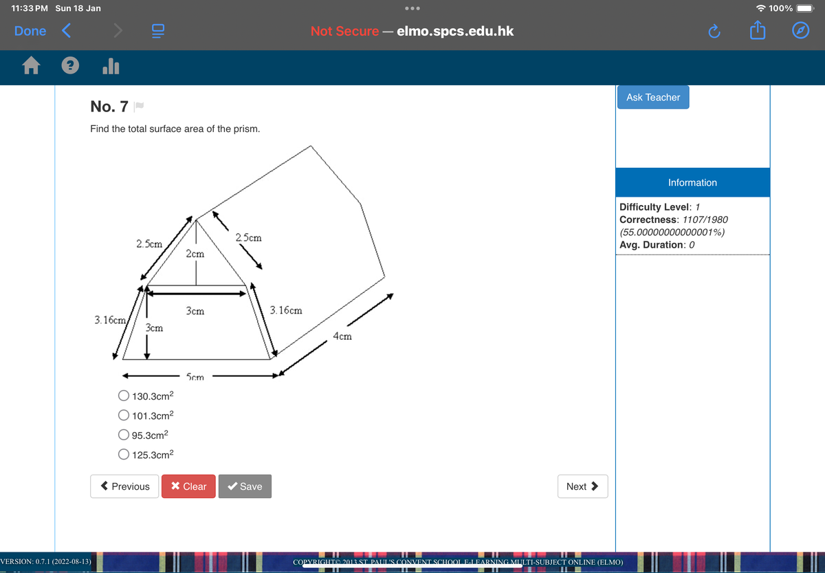 No. 7 Find the total surface area of the prism. [Diagram of a prism with..