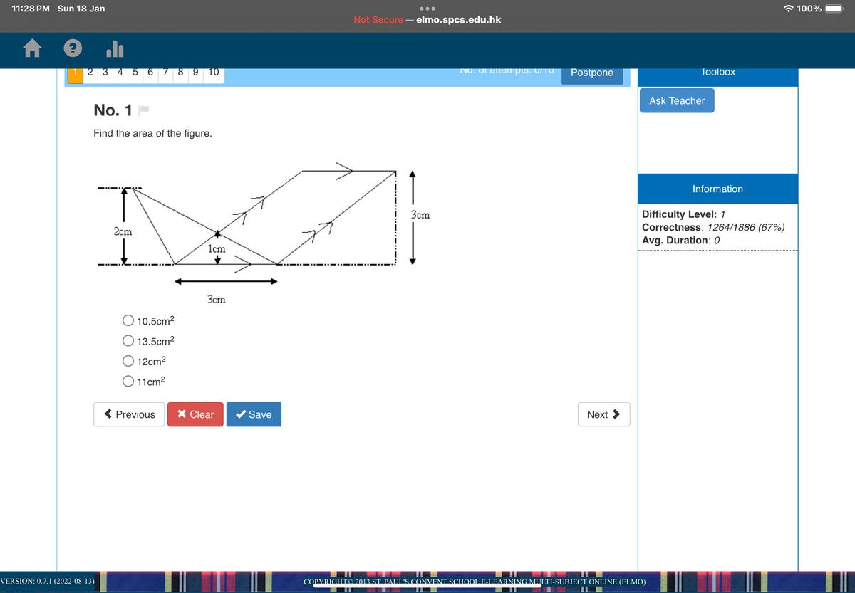 No. 1 Find the area of the figure. [Diagram showing a composite figure m..