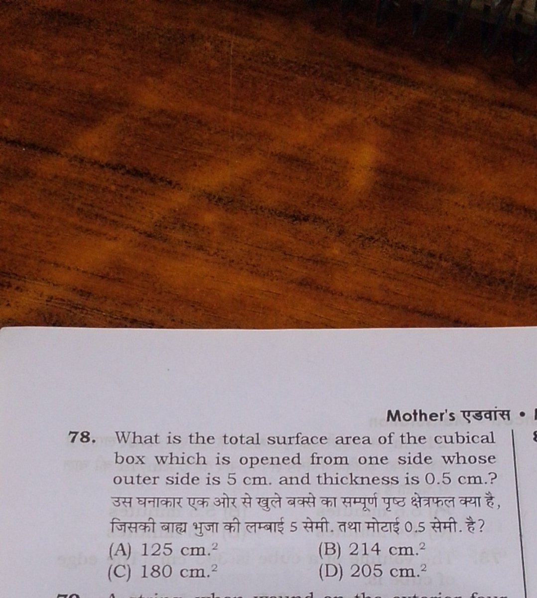 What is the total surface area of the cubical box which is opened from on..