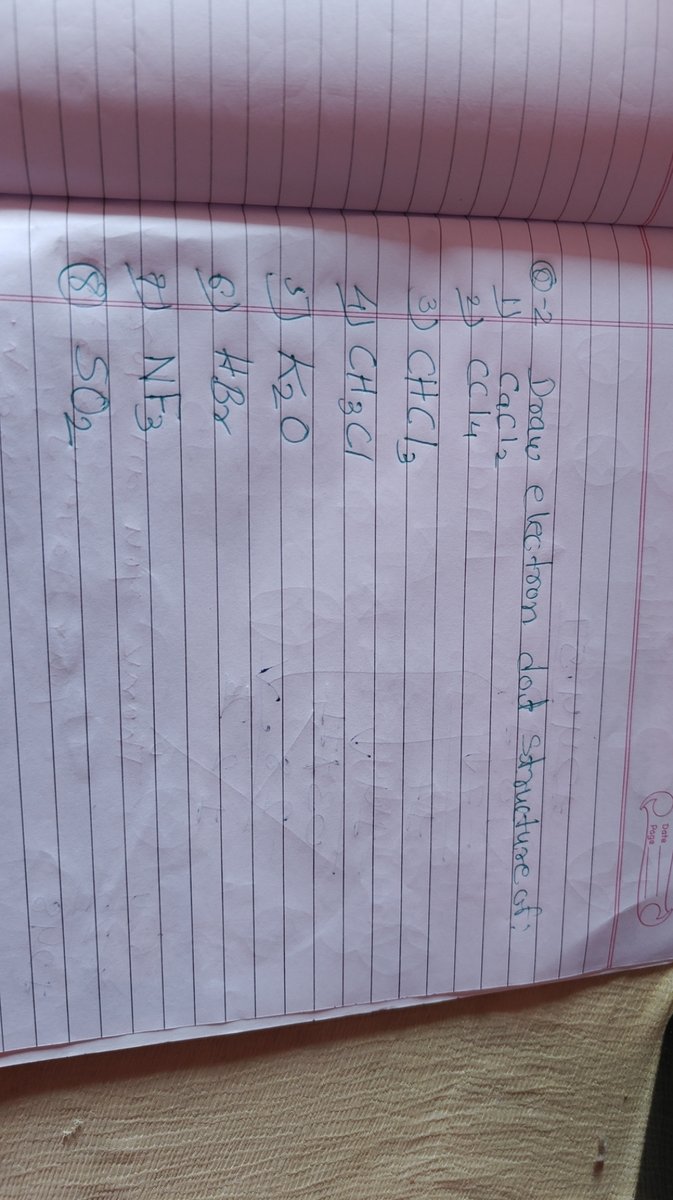 Draw electron dot structure of: 1) CaCl₂ 2) CCl₄ 3) CHCl₃ 4) CH₃Cl 5) K₂O..