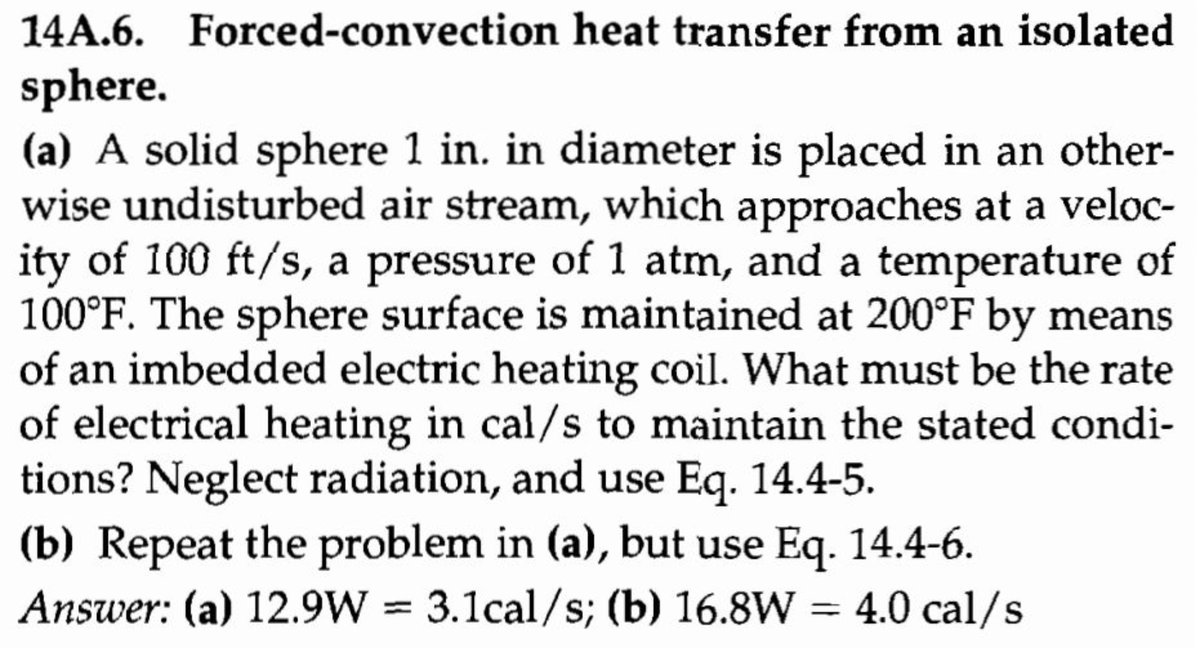 14A.6. Forced-convection heat transfer from an isolated sphere. (a) A so..