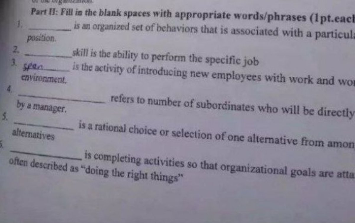 Part II: Fill in the blank spaces with appropriate words/phrases (1pt.eac..