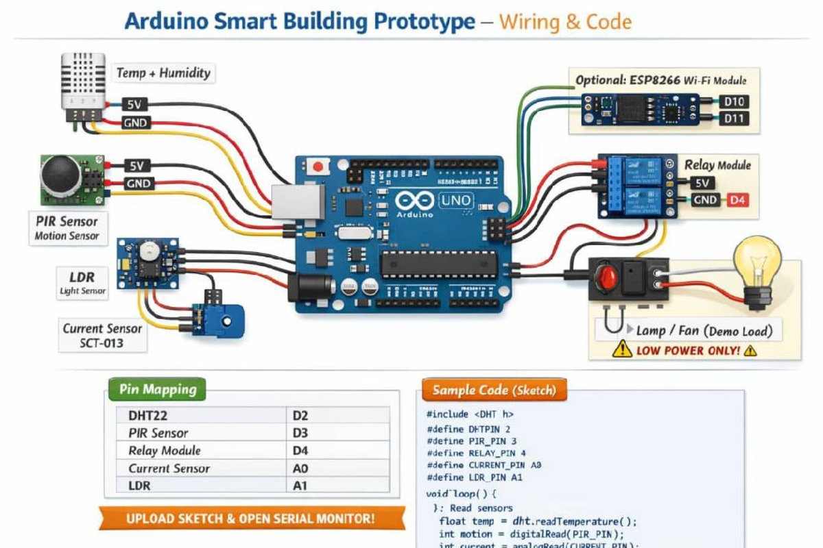The provided image shows an "Arduino Smart Building Prototype - Wiring