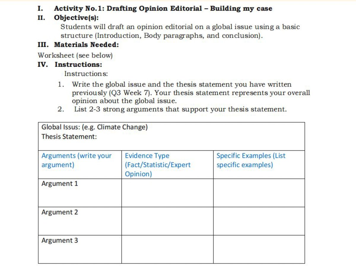 I. Activity No. 1: Drafting Opinion Editorial - Building my case II. Obje..