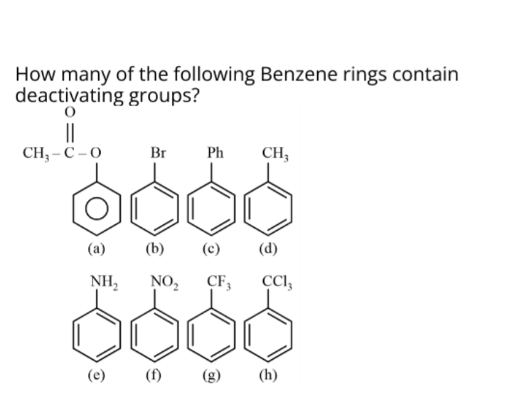 How many of the following Benzene rings contain deactivating groups? (a)..