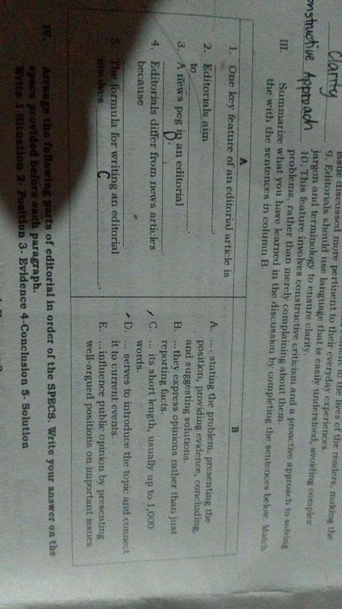 Here are two questions related to editorial writing: I. Match the follow..
