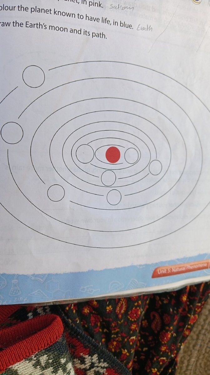 Colour the planet known to have life, in blue. Draw the Earth's moon and