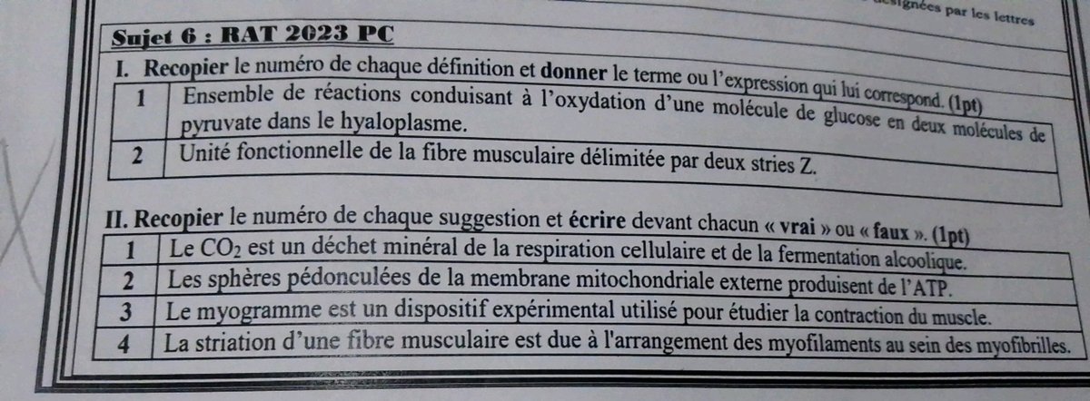 Sujet 6 : RAT 2023 PC I. Recopier le numéro de chaque définition et donn..