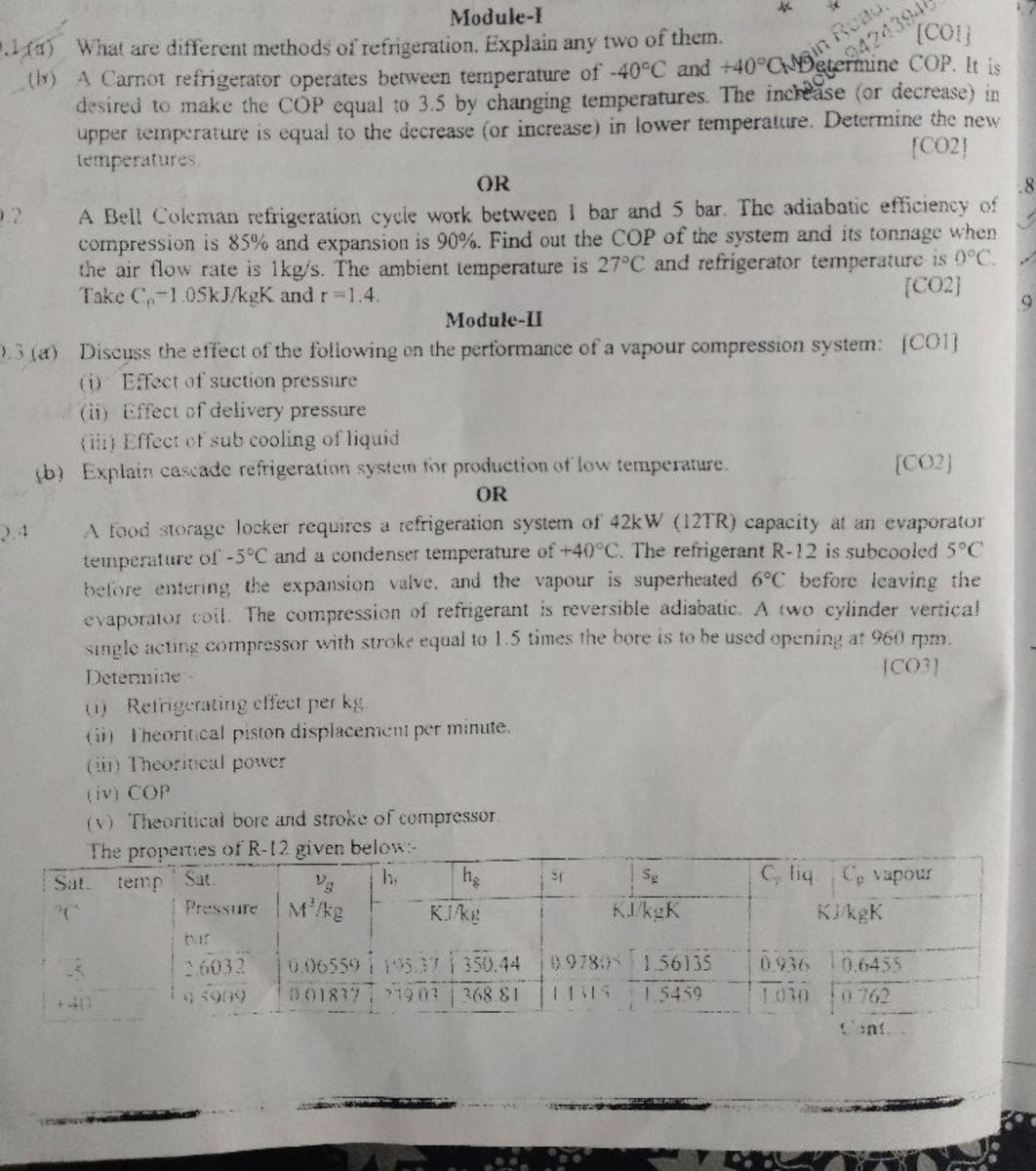 Here are some questions related to refrigeration systems: Module-I (a)