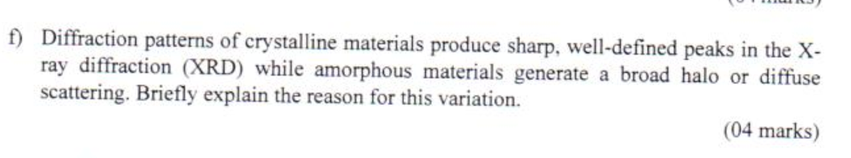 f) Diffraction patterns of crystalline materials produce sharp, well-defi..