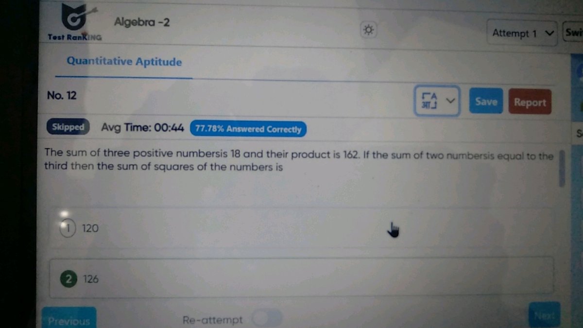 The sum of three positive numbers is 18 and their product is 162. If the