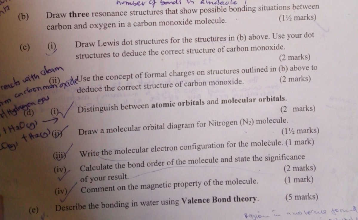 (b) Draw three resonance structures showing possible bonding situations b..