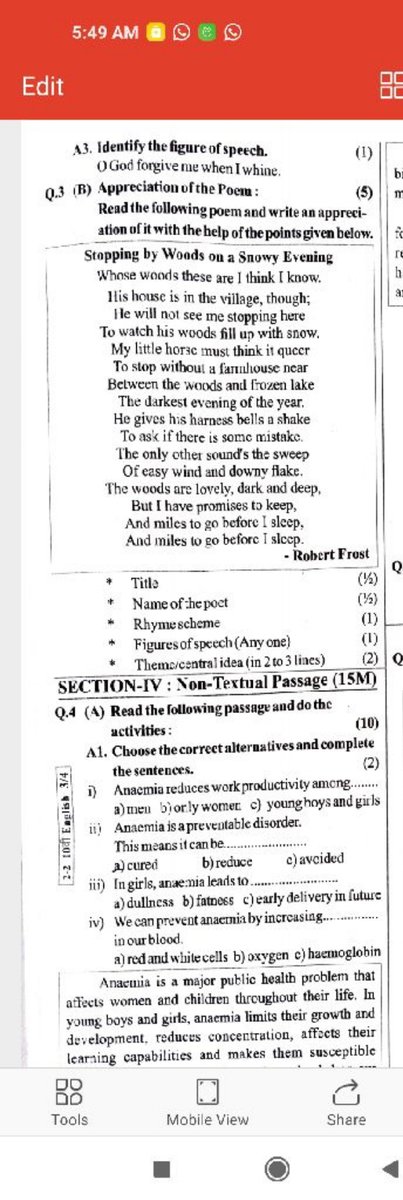 Q.3 (B) Appreciation of the Poem: Read the following poem and write an ap..