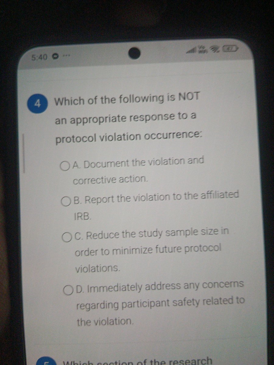 Which of the following is NOT an appropriate response to a protocol viola..