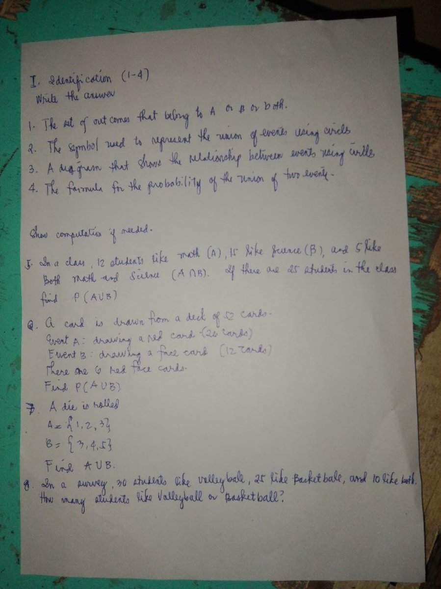 I. Identification (1-4) Write the answer The set of outcomes that belong